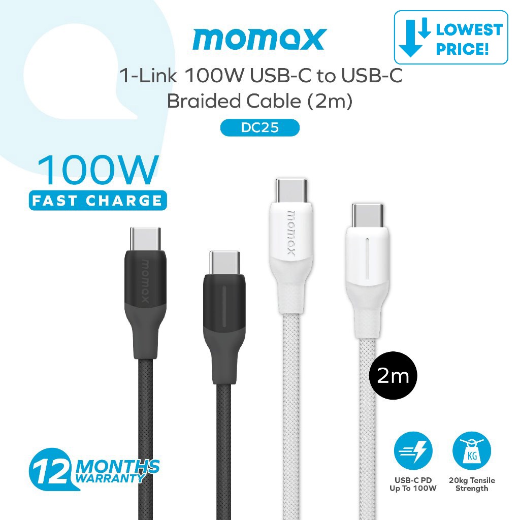 Momax DC25/DC26 1-Link 100W USB-C to USB C Braided Cable (2m/3m ...