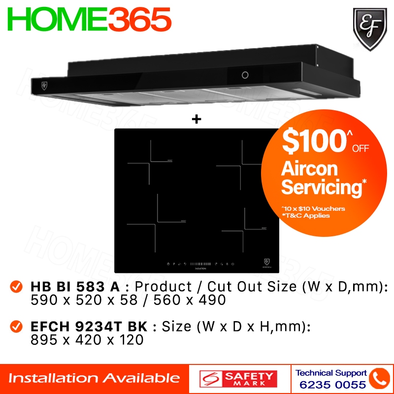 EF Semi Integrated Hood 90cm EFCH 9234T BK & Built-In Domino Hob 4 ...