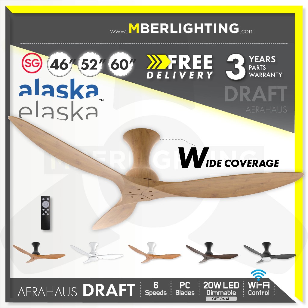 ALASKA Aerahaus DRAFT 46/52/60" Wi-Fi DC Fan with Remote Control, Optional 20W SAMSUNG 3Tone LED ...