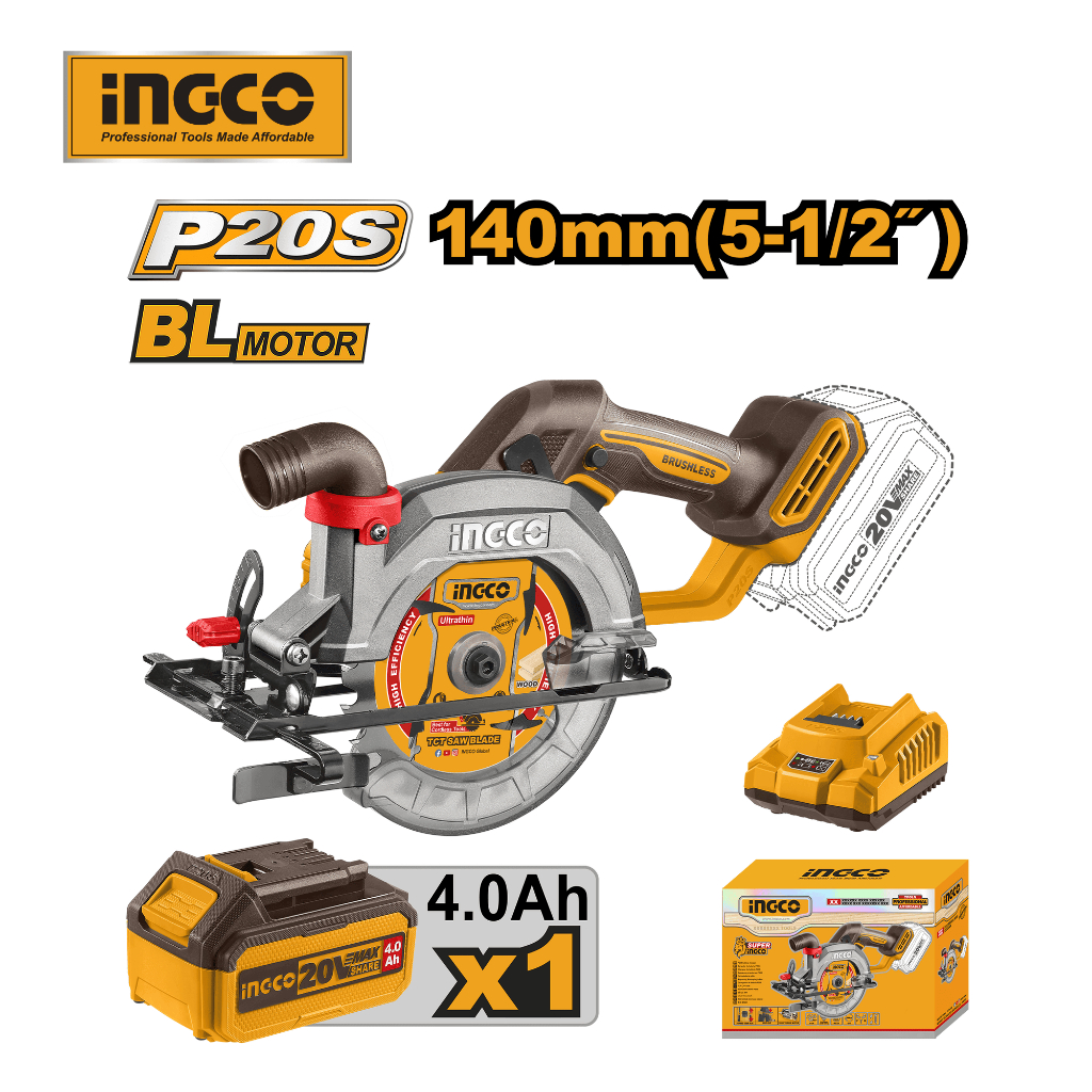 INGCO P20S Cordless Circular Saw with 140mm Blade, 4.0Ah Battery, and ...