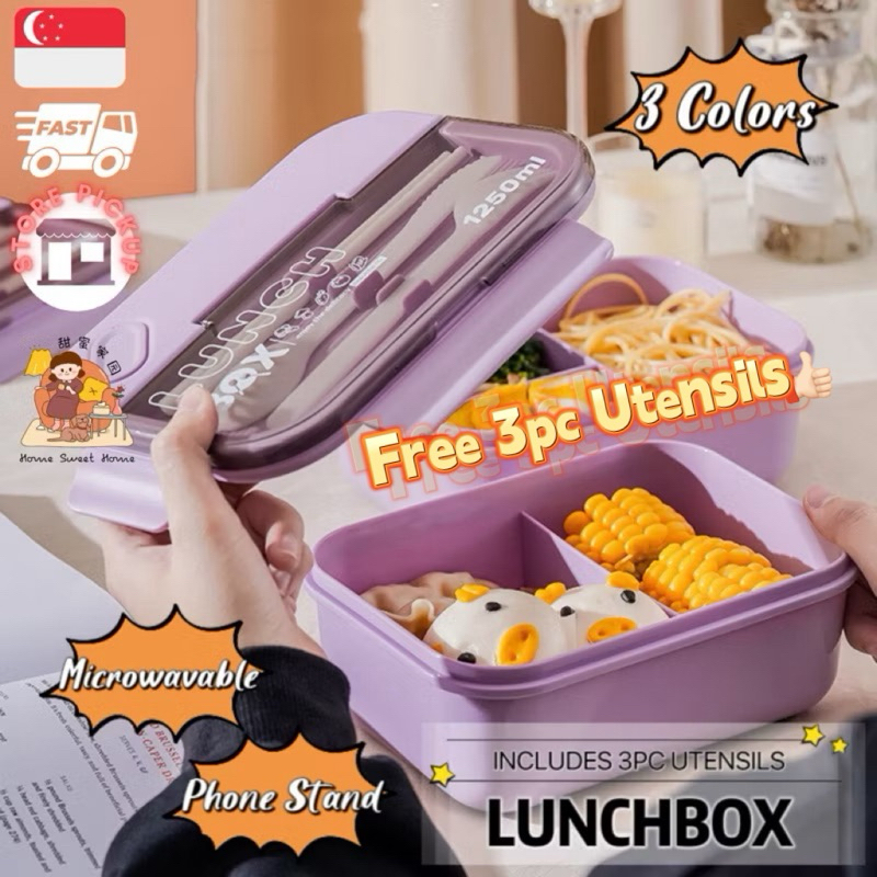 [SG] 1250ML Lunch Box with Utensils Lunch Bag Kids LunchBox Microwave Utensilsh | Shopee Singapore