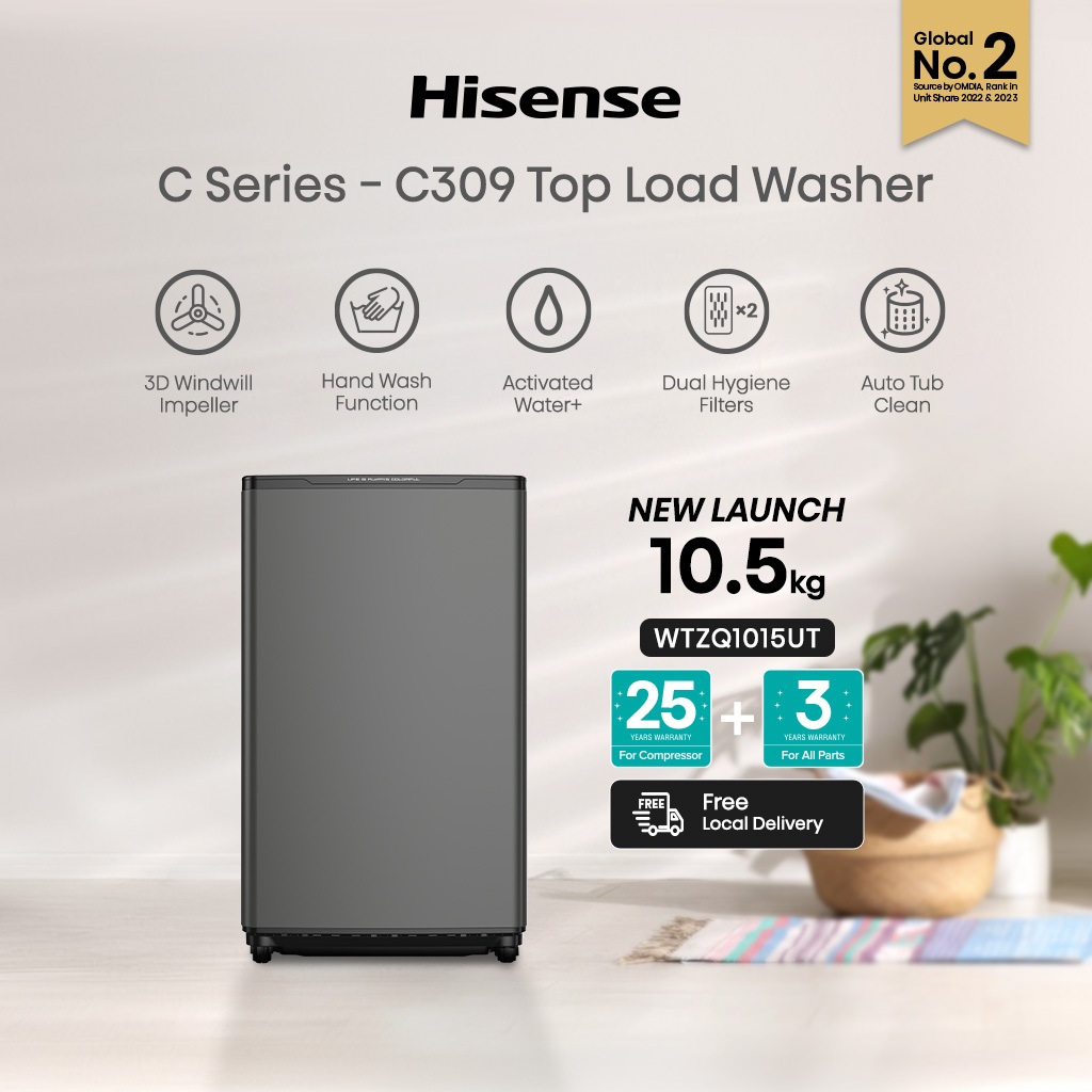 Hisense 10.5kg Top Load Washing Machine, C Series, WTZQ1015UT, Top Load ...