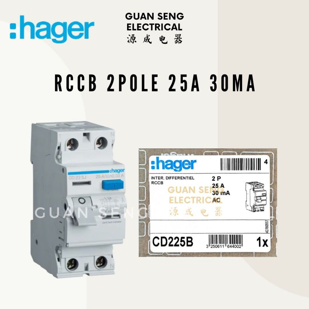 Hager Double Pole 2P RCCB 25A 30mA CD225B | Guan Seng Electrical | Shopee Singapore
