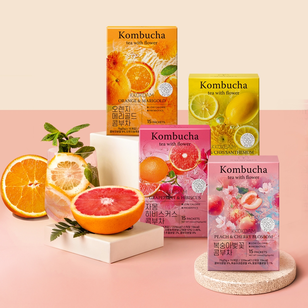 KKOKDAM 4 Kinds Flower Kombucha Tea Powder 15 Sachets Box, Fruit Based ...