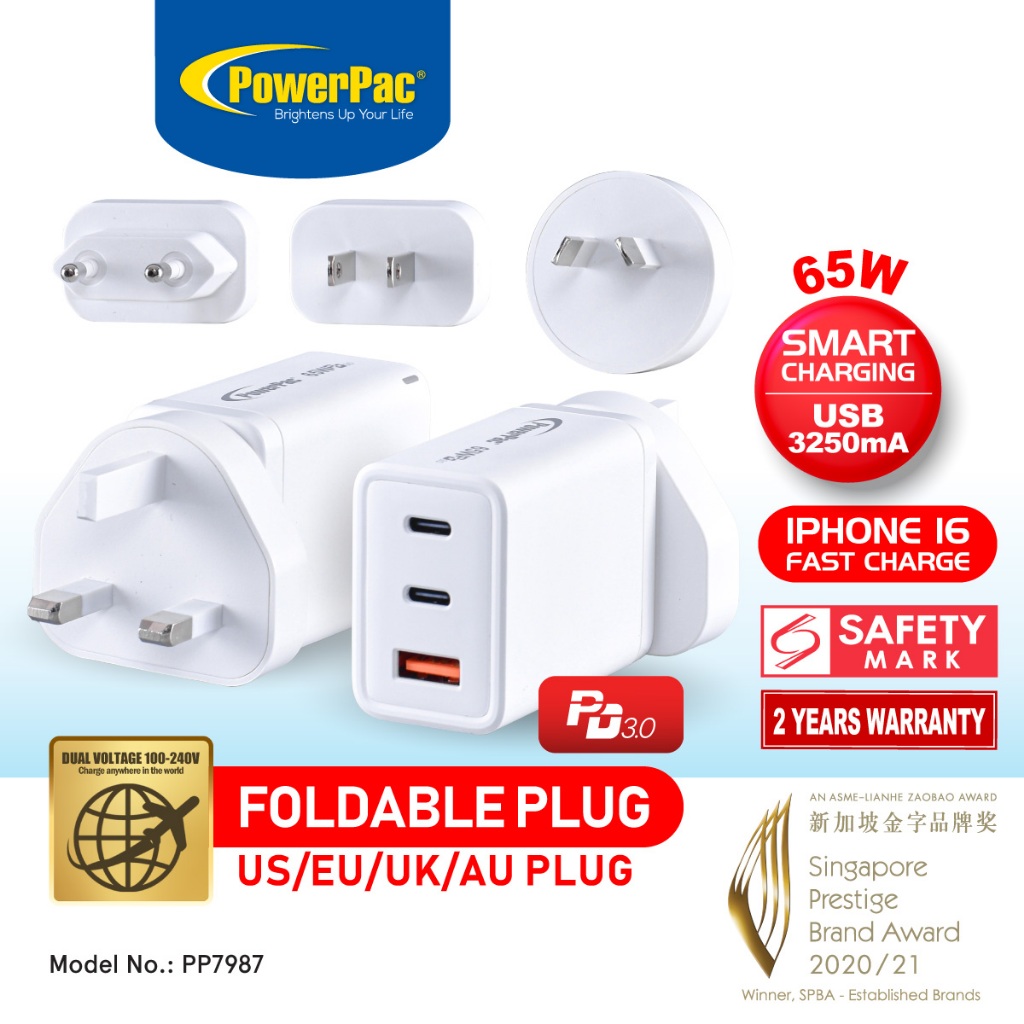 PowerPac USB Travel Adapter 3 Pin Plug, Fast Charge, Smart Charge 65 ...
