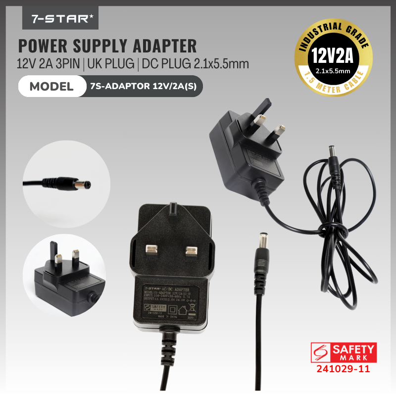 7-STAR* 12V 2A AC DC Power Supply Adaptor 3 Pin UK PLUG CE/TUV 2.1*5 ...