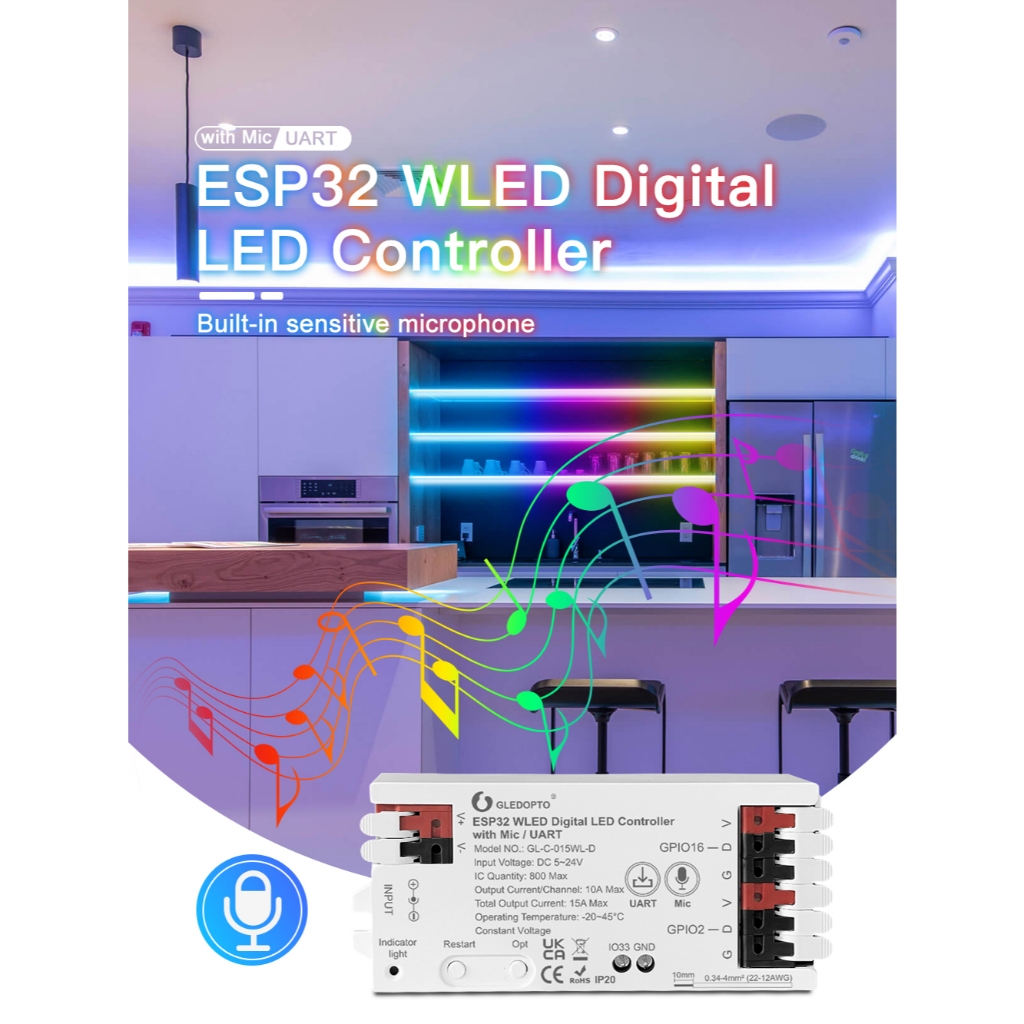 Gledopto ESP32 WLED DIGITAL LED Controller with Microphone, DC 5-24V ...