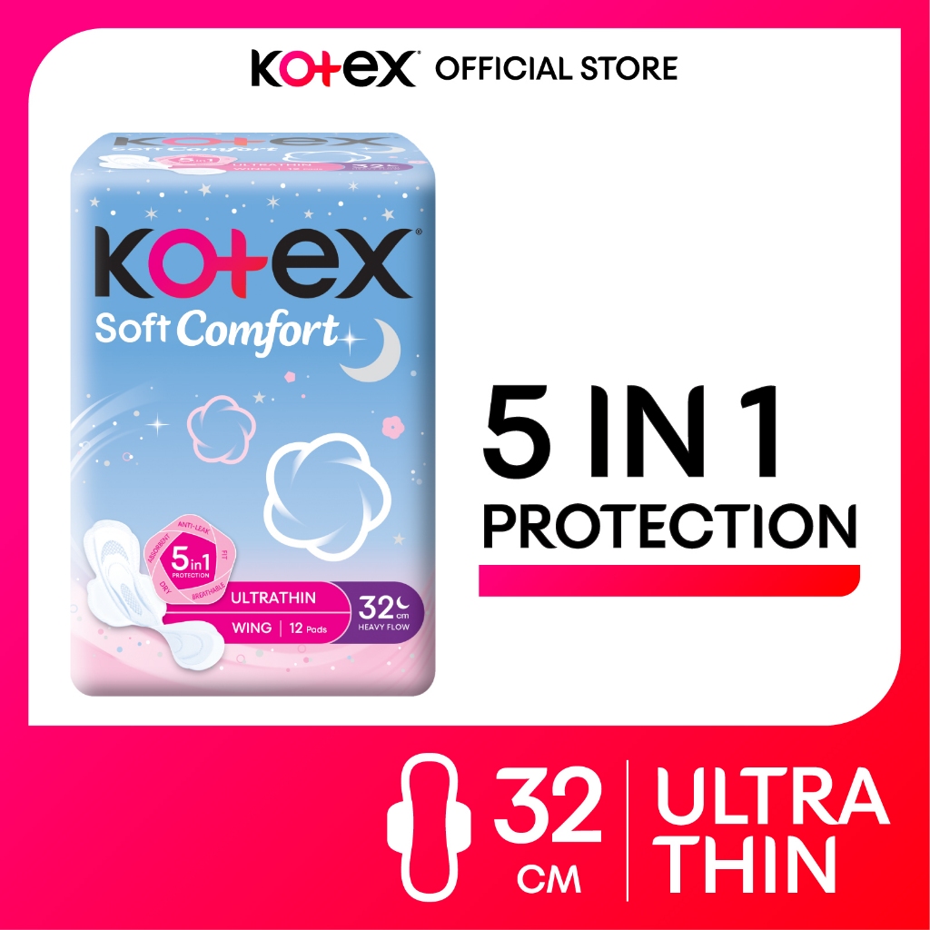 Kotex Ultrathin Sanitary Pads Soft Comfort, Heavy Flow, Winged (32cm ...