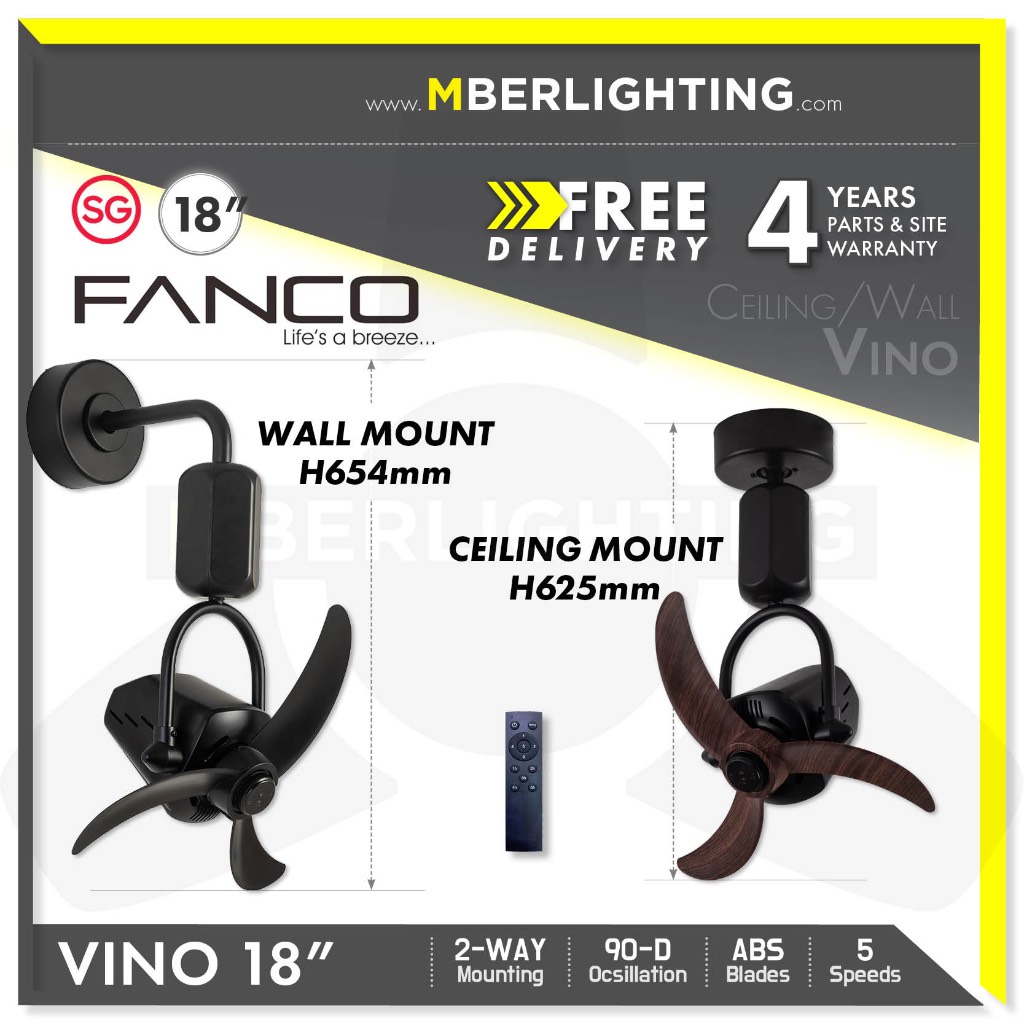 FANCO VINO 18" Corner Fan: Ceiling & Wall Mounting With Remote | Shopee ...