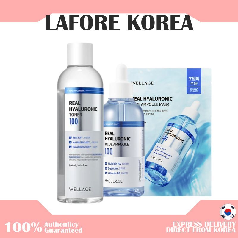 Wellage Real Hyaluronic Blue 100 Ampoule 60ml - Multiple HA, β-Glucan, Vitamin B5/ Toner 210ml ...