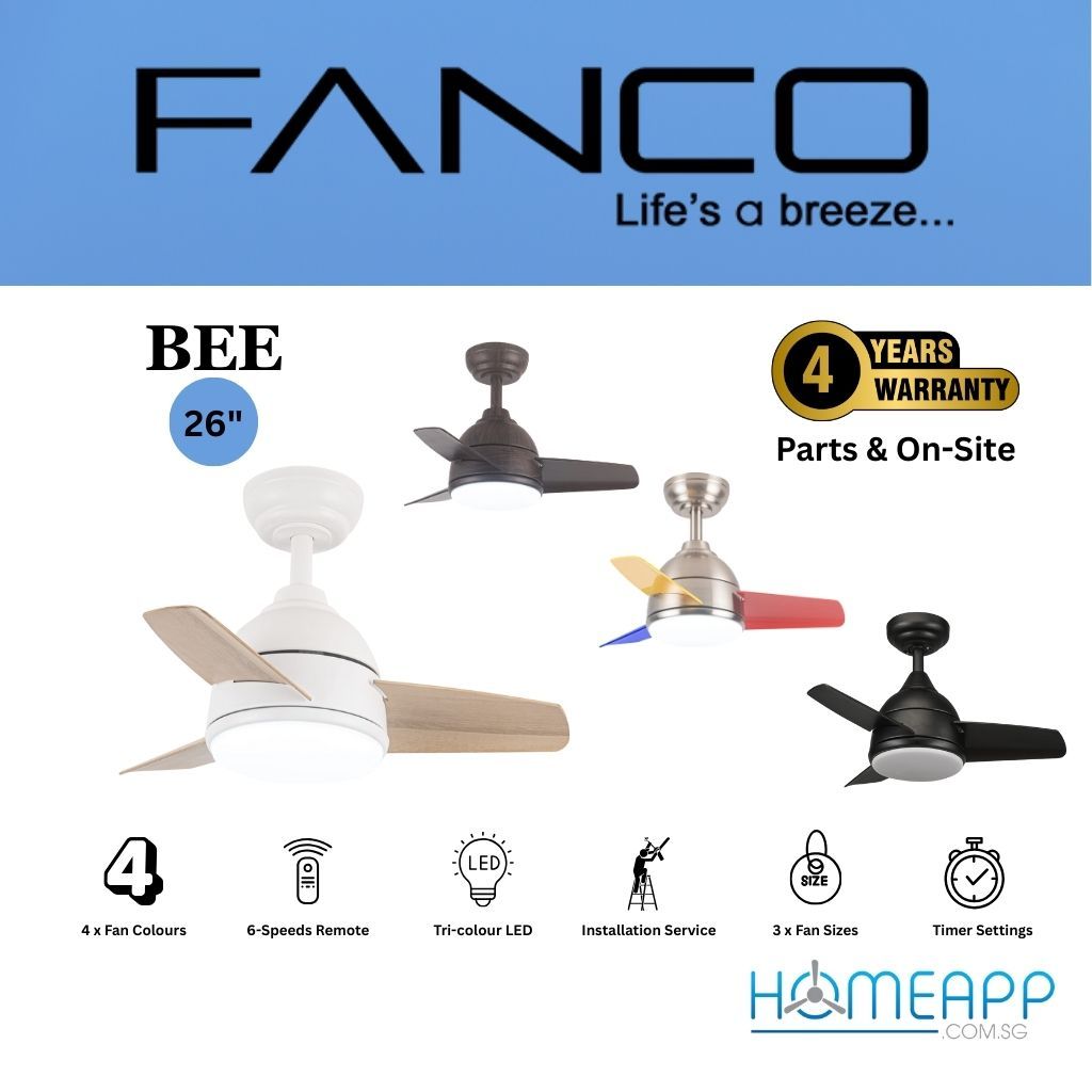 FANCO Bee 26" DC motor ceiling fan tri colour LED 24W light remote ...