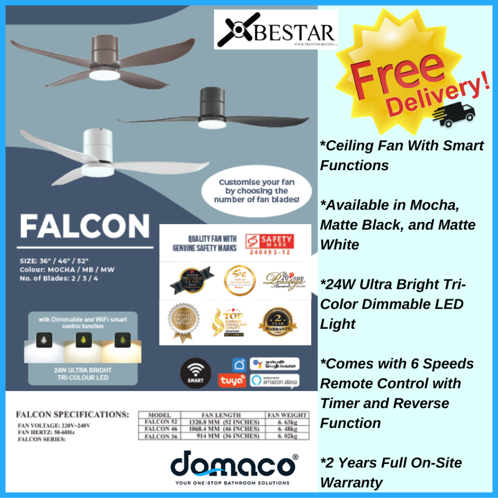 Bestar Falcon Smart WiFi Ceiling Fan with LED Lights 36/46/52 Inch 2/3 ...