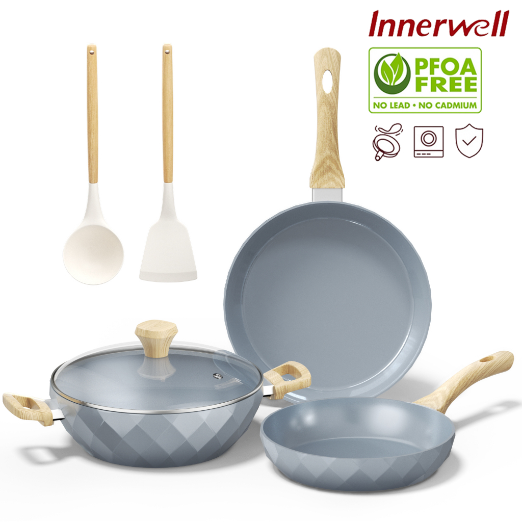 Innerwell Grey Ceramic Coating Non Stick Cookware Set Diamond Pot ...
