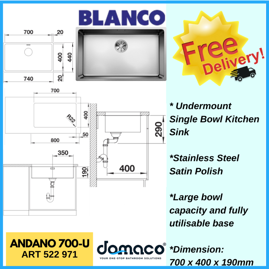 Blanco Andano 700-U Undermount Sink Stainless Steel | Shopee Singapore