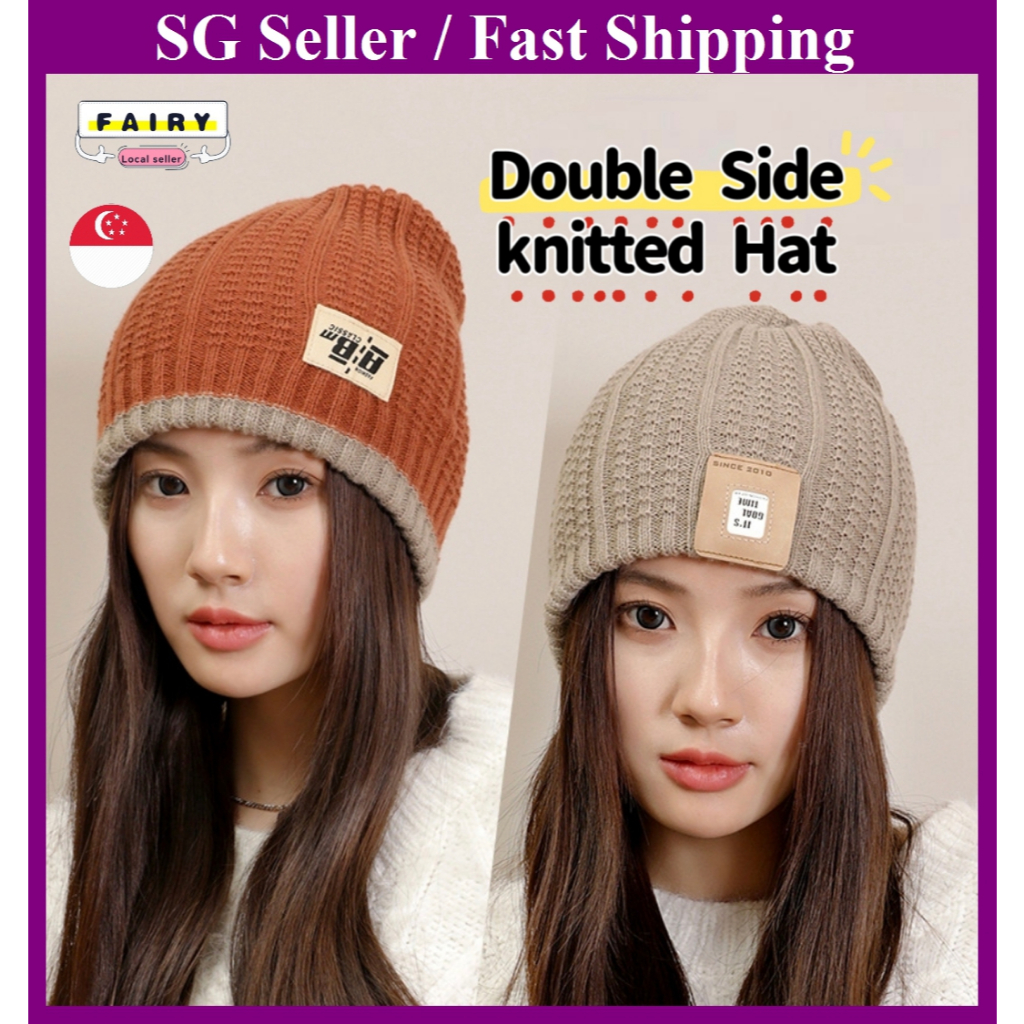 (SG Seller) Unisex Double-side Knitted Hat Women Men Autumn Winter ...