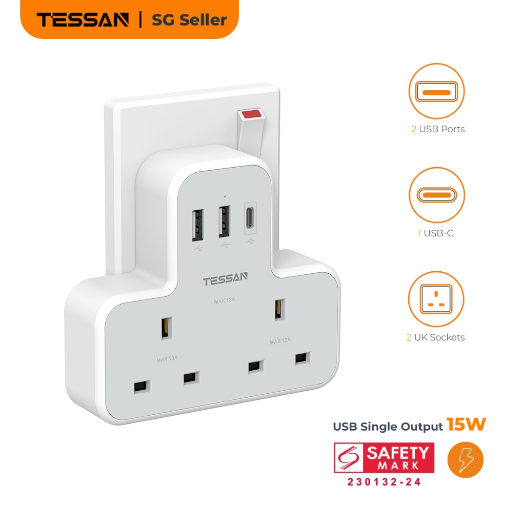 TESSAN - SG Safety Mark 5 in 1 Wall Multi Plug Socket Extension 2 AC ...