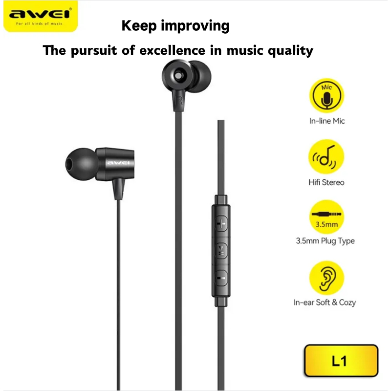 Local AWEI Earpiece L1 L2 L3 L5 Wired Earphones 3.5mm Plug HiFi Stereo ...