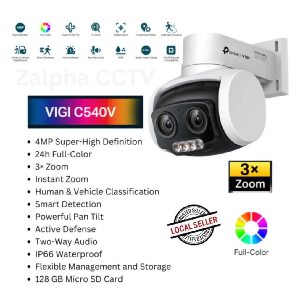 TP-Link 4MP Outdoor Full-Color CCTV VIGI C540V Dual-Lens 3x Zoom Pan ...