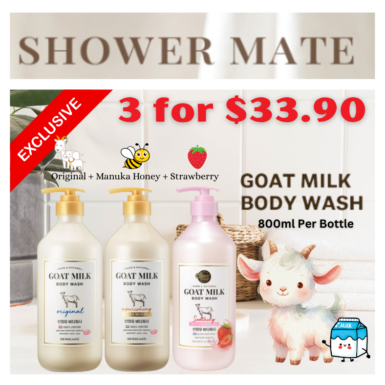 ShowerMate Goat Milk Original 800ml + Manuka Honey 800ml + Strawberry ...