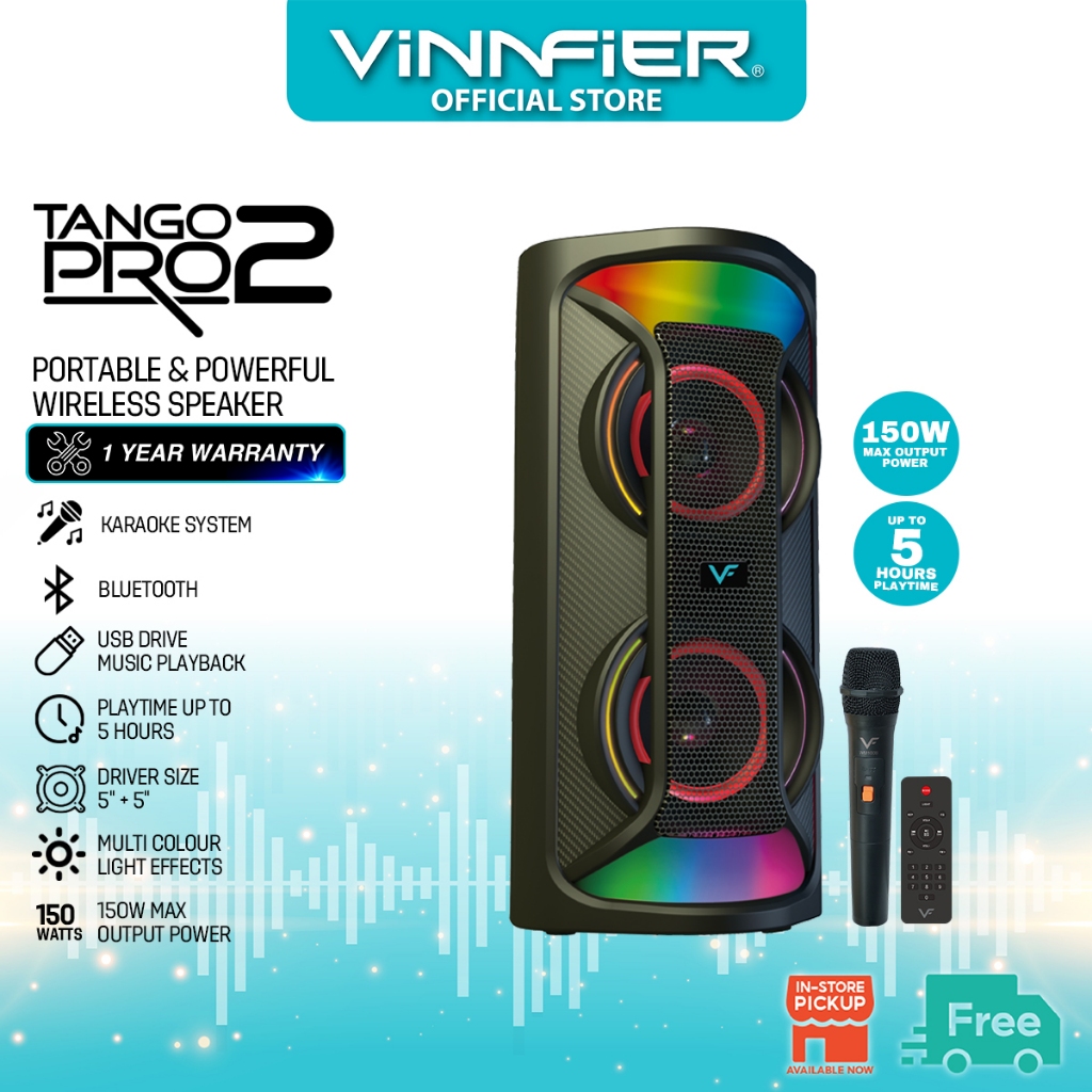 Vinnfier VF Tango Pro 2 150W Max Karaoke Potable Bluetooth Speaker with 1 Wireless Microphone ...