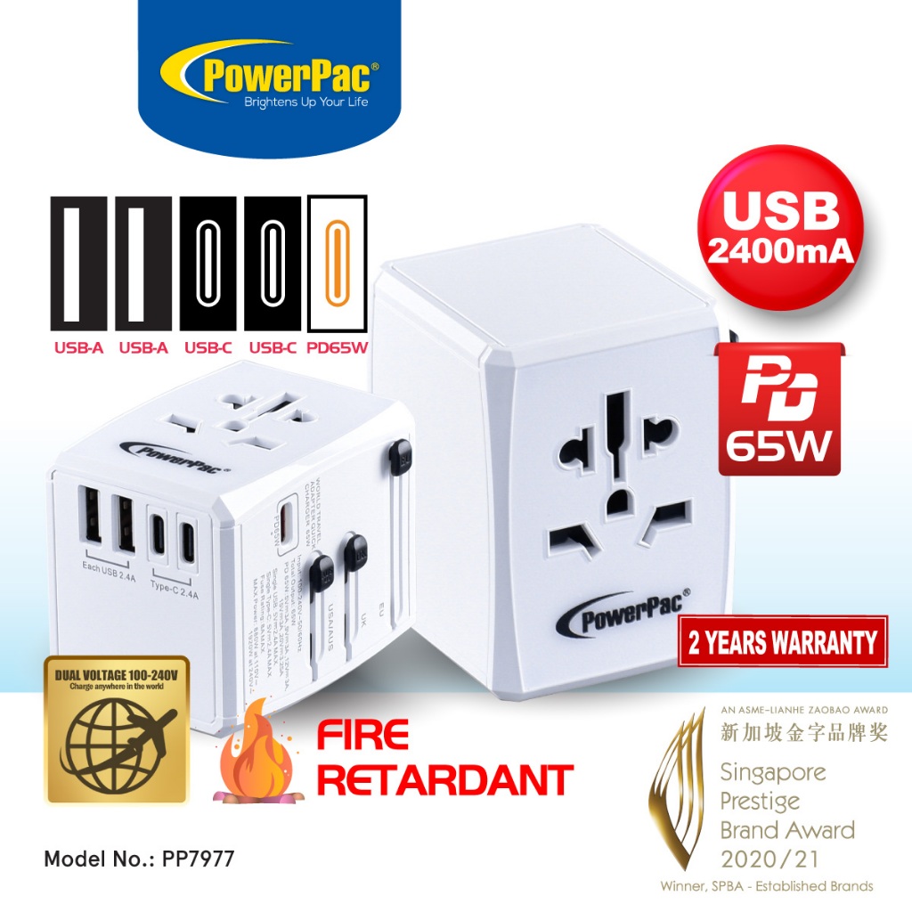 PowerPac Multi Travel Adapter With 2x USB-A + 3x USB-C Charger | PD 65W ...