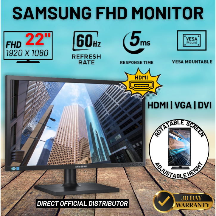 Samsung monitor 22 inch Full HD HDMI VGA DVI ports 1920x1080 LED ...