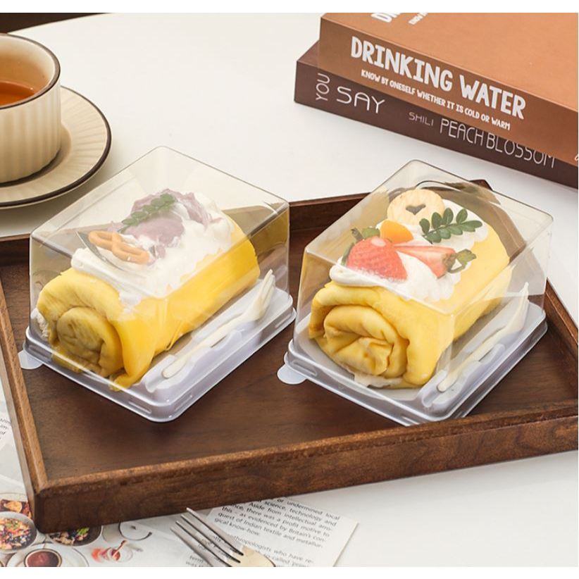10pcs Swiss Roll Box Slice Cake Box Plastic Packaging tray with fork ...