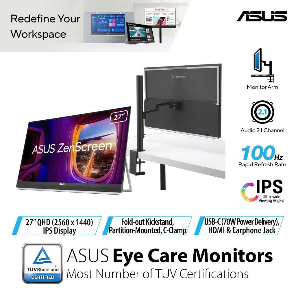 ASUS ZenScreen MB27ACF transportable monitor – 27-inch QHD (2560 x 1440 ...