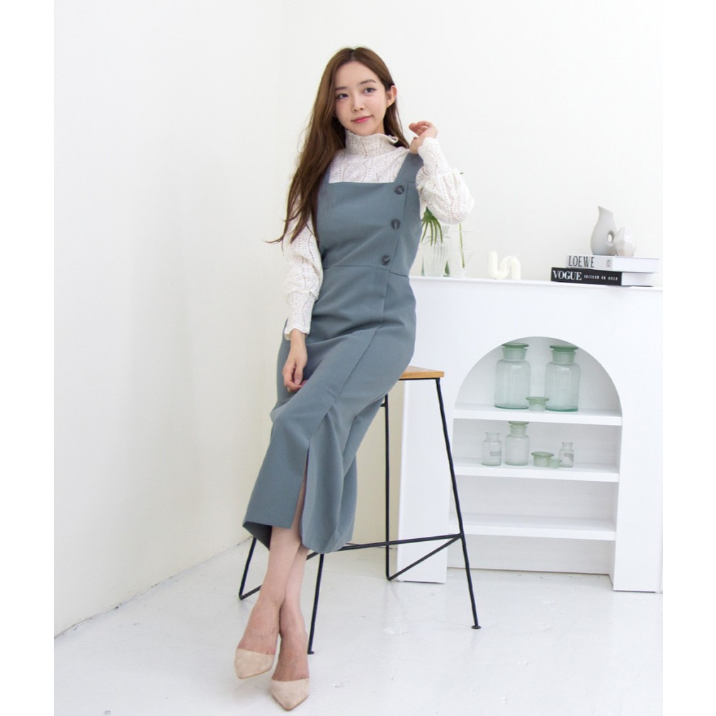 3-button Square Neck Bustier Sleeveless Slit Maxi long Dress Korea ...