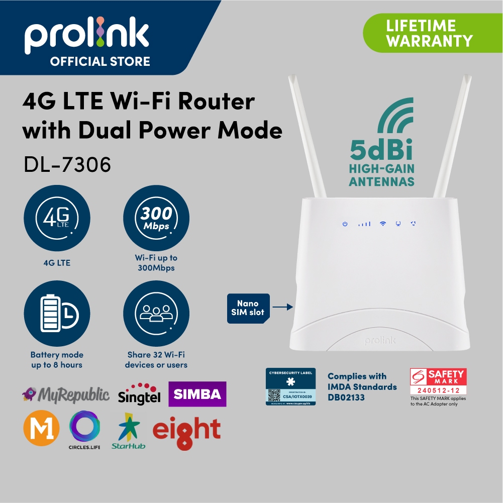 [Power Source: battery/AC] Prolink DL-7306 LTE CAT4 Wi-Fi Home 4G ...