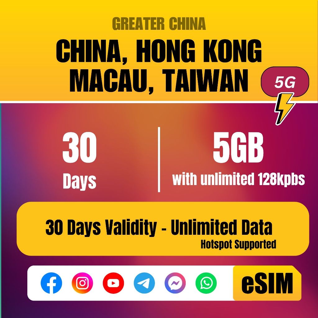 [GREATER CHINA eSIM] 30 Days China, HK, Macau, Taiwan | 5GB | Unlimited Usage eSIM | Shopee ...