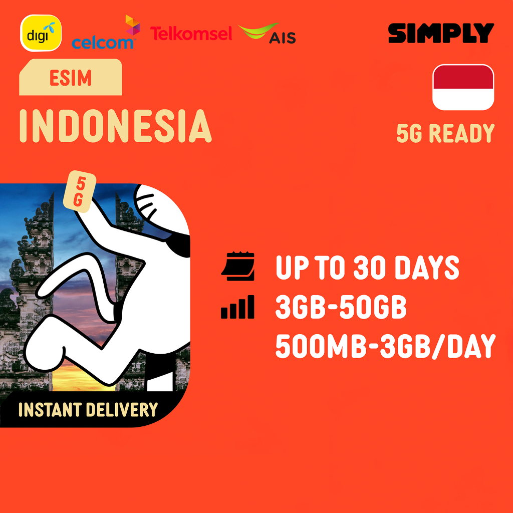 SIMPLY [eSIM] Indonesia | 1-30 Days | Daily 500MB-3GB| Unlimited5G | Total 1GB-50GB Data | No ...