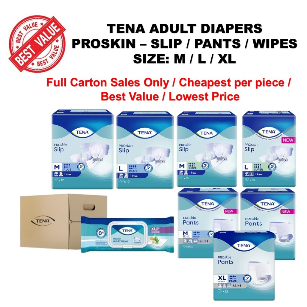 TENA Proskin Pants Plus Adult Diapers / M(6x9s) & L(6x8s) / Slip Plus 96s (8x12s) M & L / Slip ...