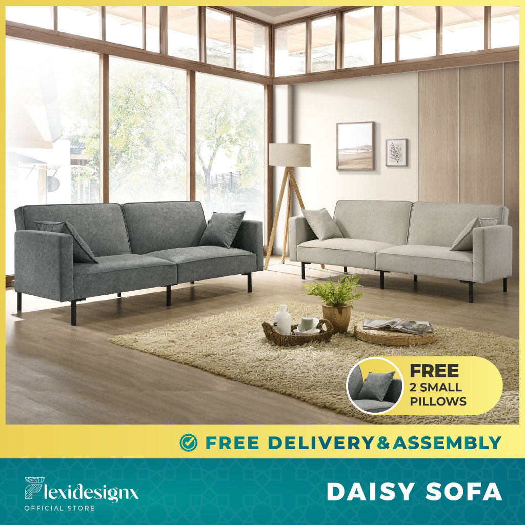 Flexidesignx Sofa Bed 3 Seater with Armrest & Metal Legs Free 2 Pillows Beige /Grey– DAISY ...