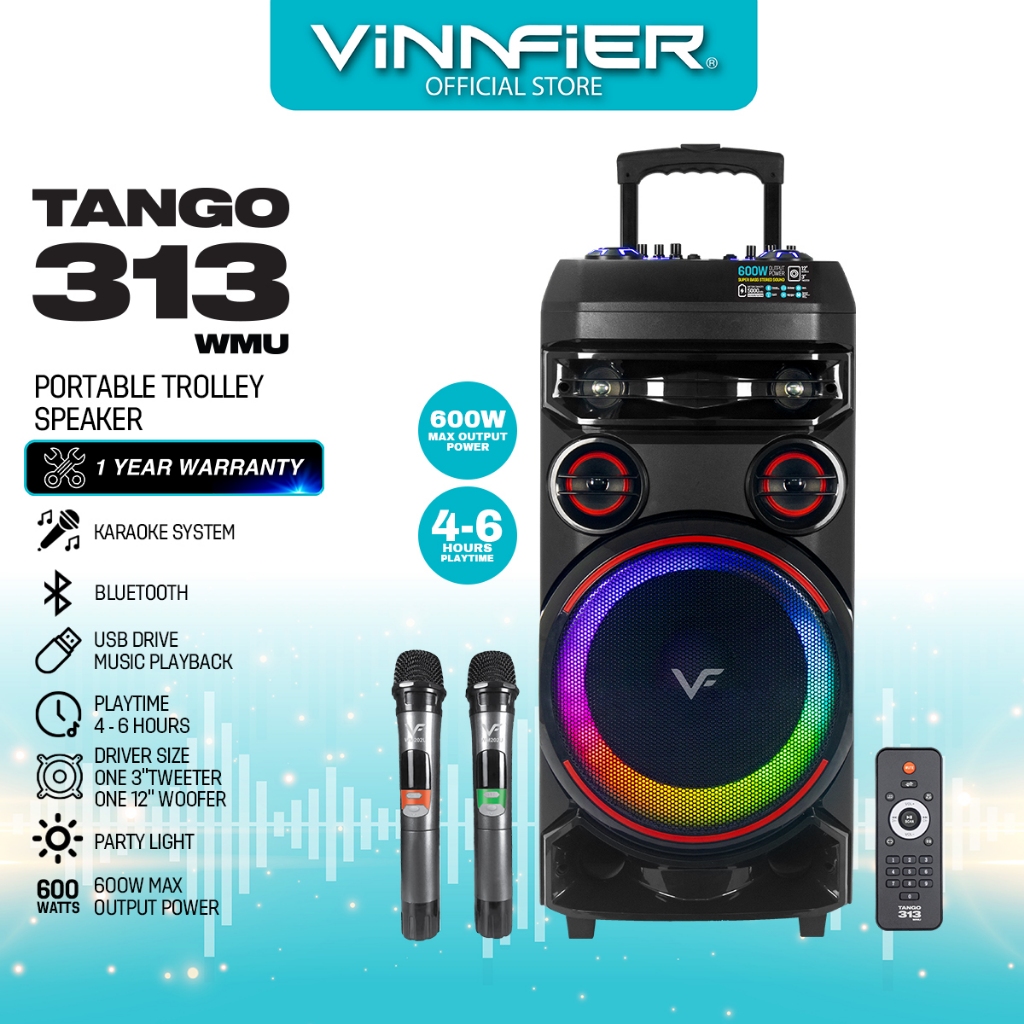 Vinnfier Tango 313 WMU MAX 600W Portable Trolley Karaoke Speaker Free 2 UHF Wireless Mic with ...