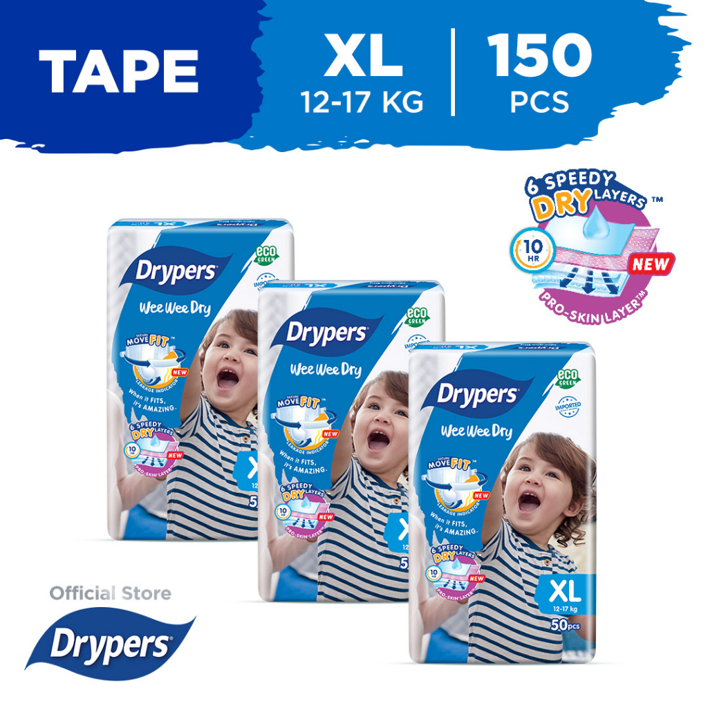 Drypers Wee Wee Dry Tape Baby Diaper XL (12-17kg) - Carton | Shopee ...