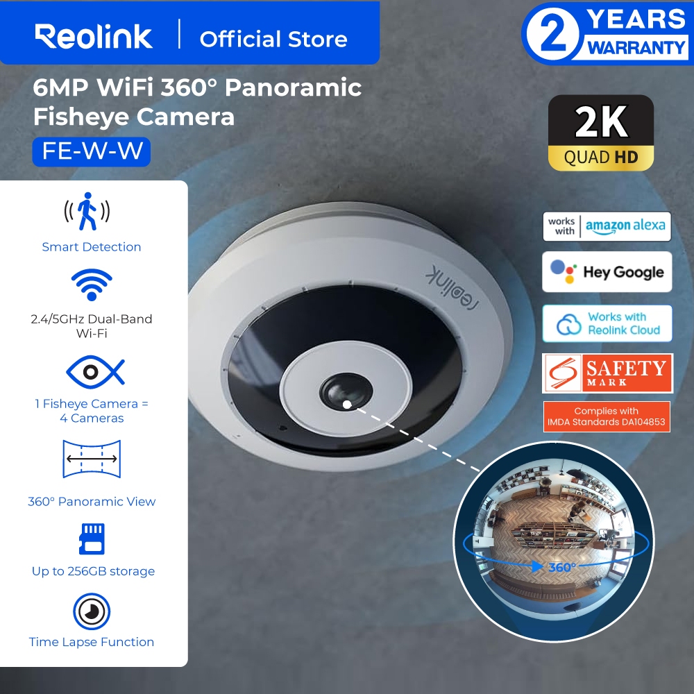 Reolink FE-W-W : Time Lapse Fisheye 2K+ 6MP 360° Panorama, 2.4/5GHz WiFi Indoor Security Camera ...