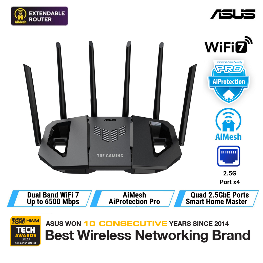ASUS TUF Gaming BE6500 Dual Band WiFi 7 (802.11be) Extendable Gaming ...