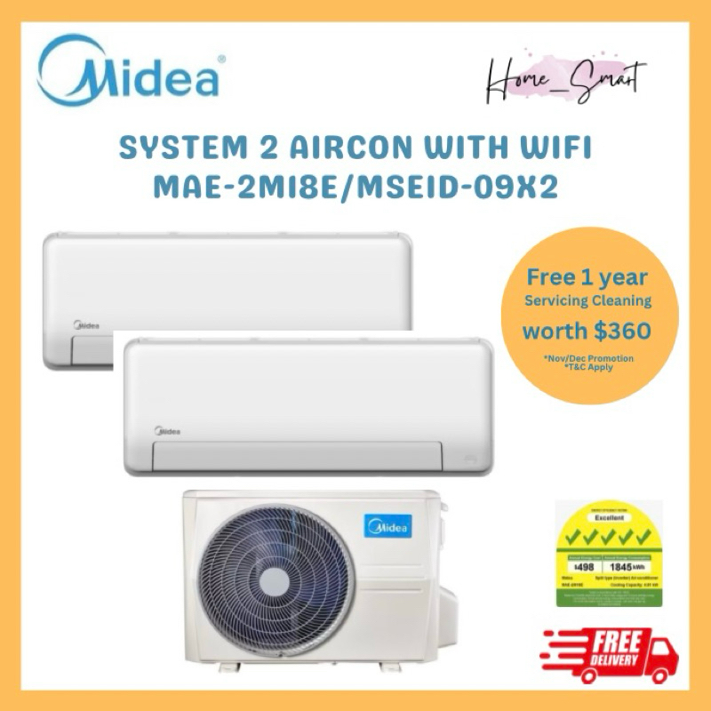 MIDEA SYSTEM 2 AIRCON WITH WIFI MAE-2M18E/MSEID-09 X 2 [5 Ticks NEA ...