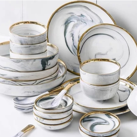 【SG Seller】Ceramic Bowl Dish Plate Gold Edge Marble Bowl Dish Set ...