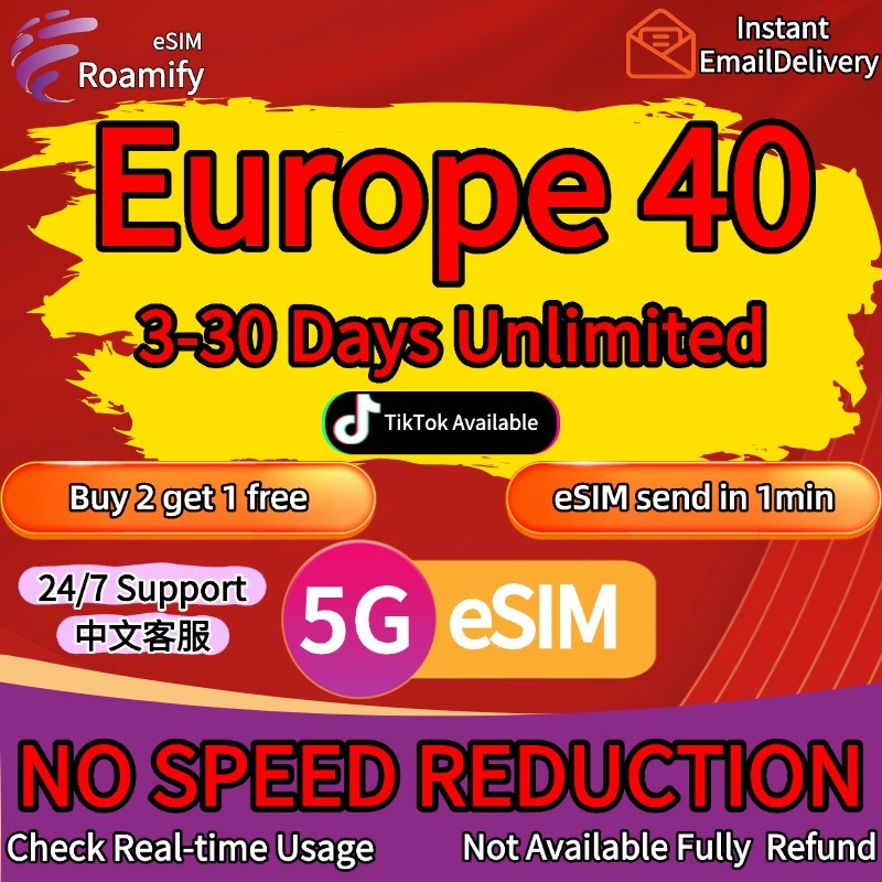 Europe eSIM 5G High Speed 1-30 Days Daily 500MB-30GB Unlimited Travel Data Europe 40 countries ...