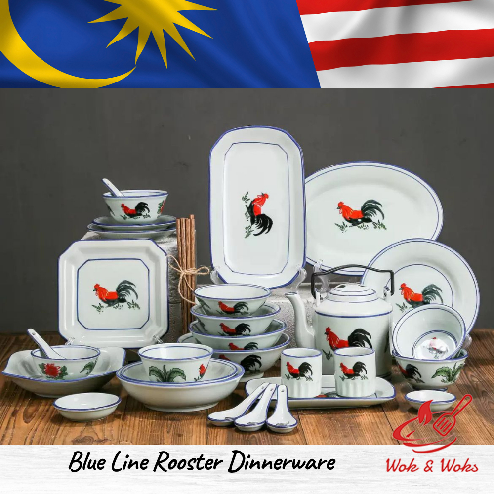 Blue Line Rooster Dinnerware / Alat Makan Ayam Garis Biru (Plate, Bowl ...