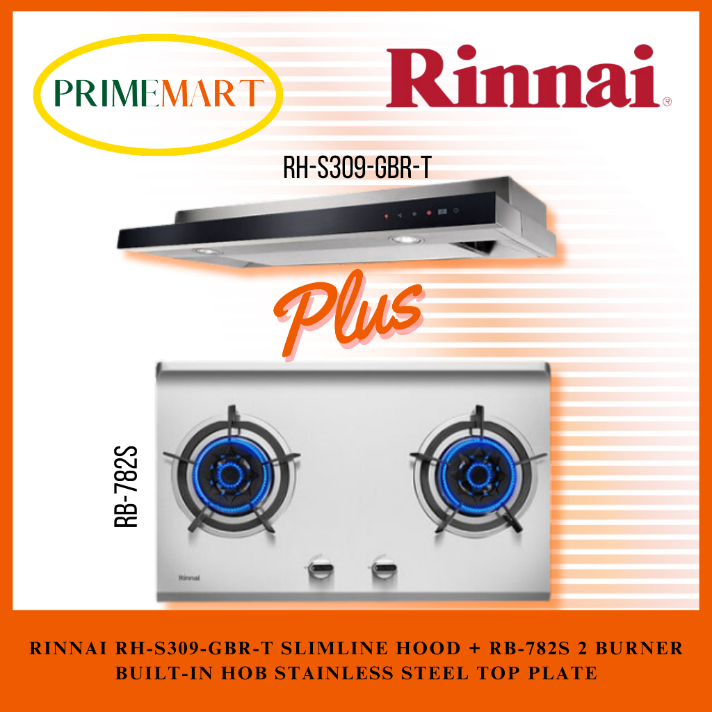 RINNAI RH-S309-GBR-T SLIMLINE HOOD + RB-782S 2 BURNER BUILT-IN HOB STAINLESS STEEL TOP PLATE ...