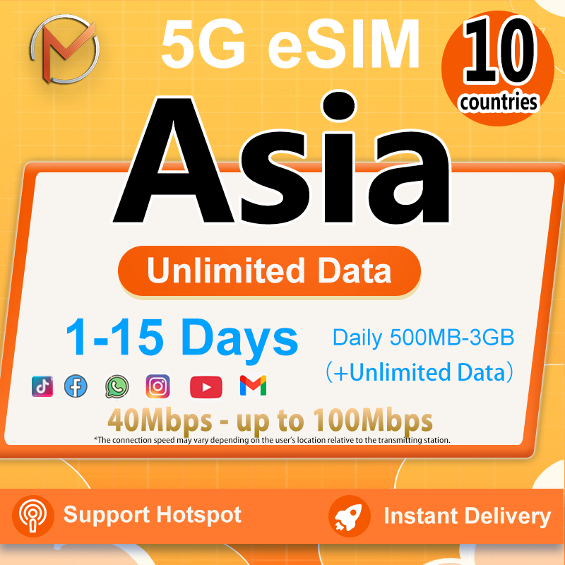 Asia 10 Countries eSIM 5G High Speed 1-15 Days | Unlimited Data | Southeast Asia eSIM | Instant ...