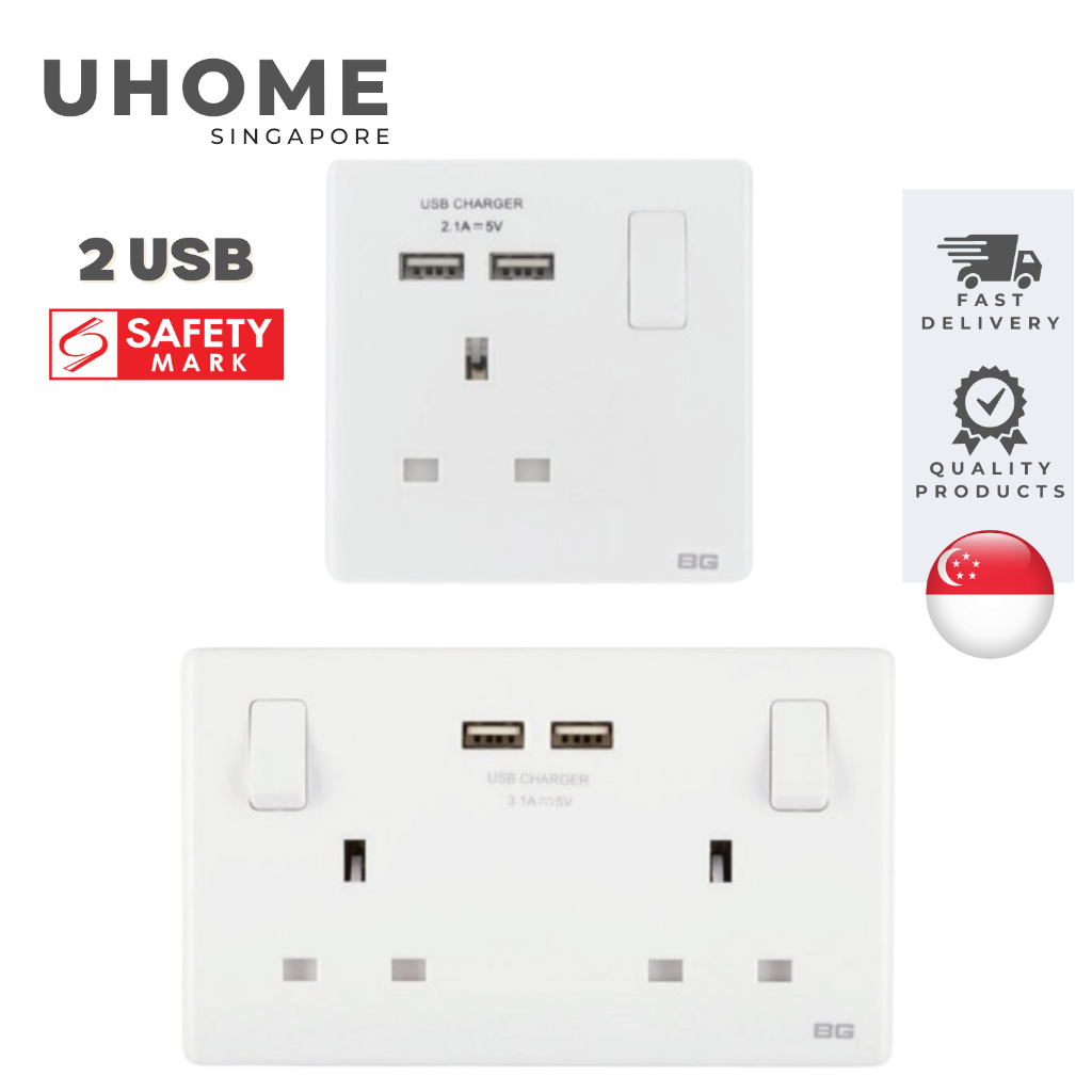 13A Single Double Switch Power Socket Outlet With 2USB Chargers (2.1A ...