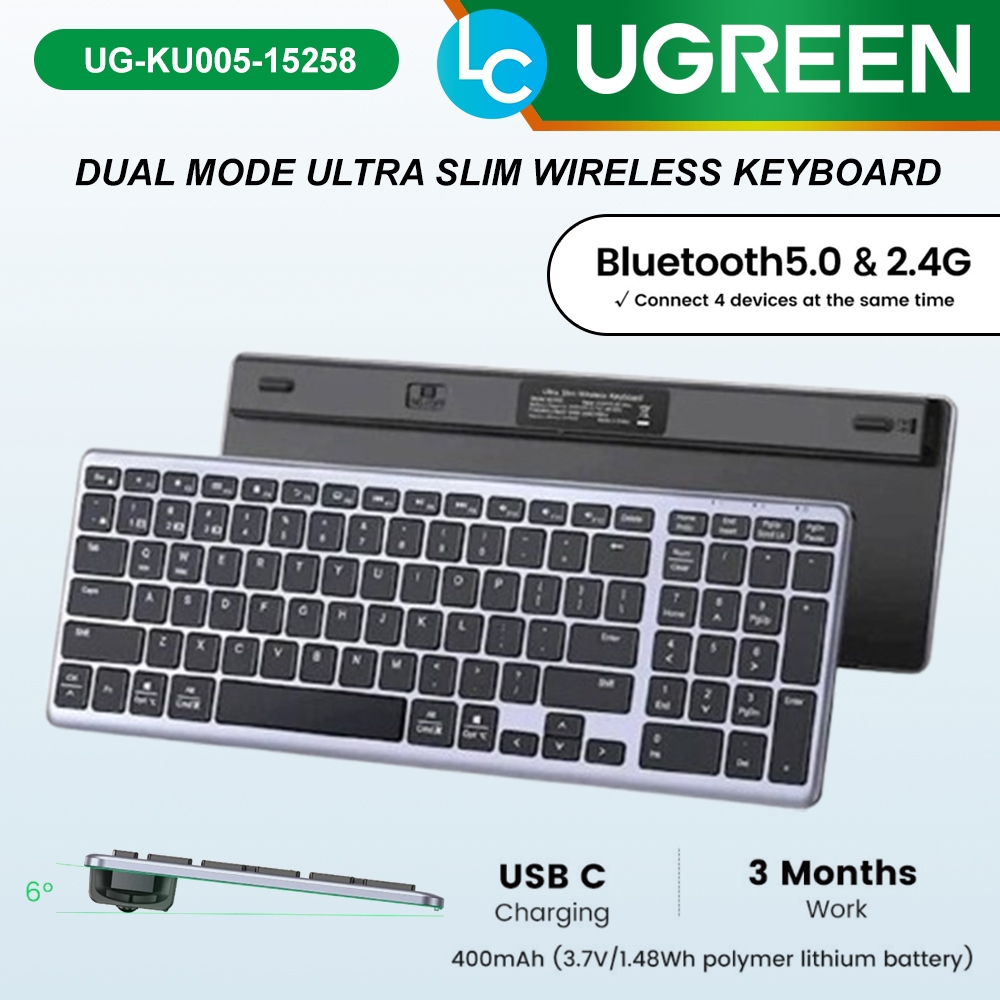 UGREEN Dual Mode Ultra Slim Bluetooth 5.0 & 2.4G Wireless Keyboard 99 Keys Rechargeable Silent ...