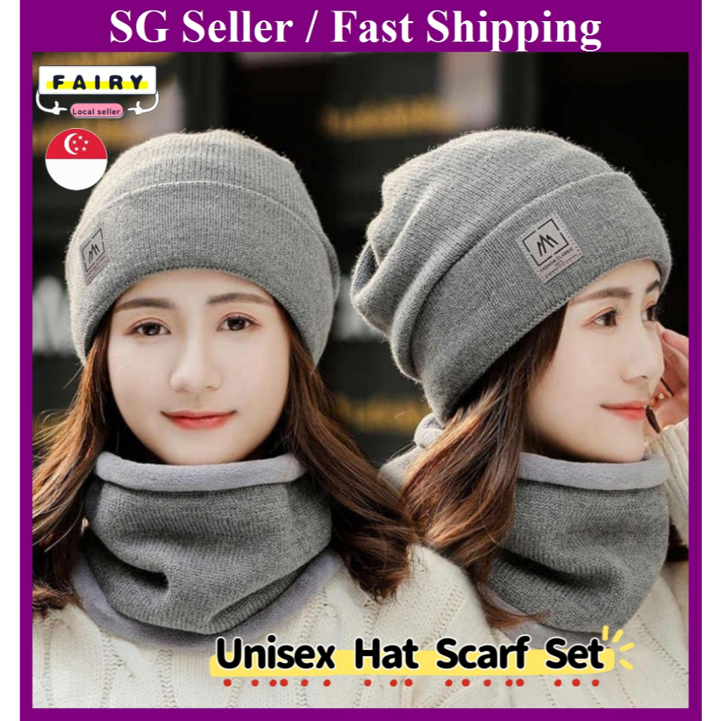 (SG Seller) Women Knitted Beanie Scarf Sets Thicken Velvet Lining ...