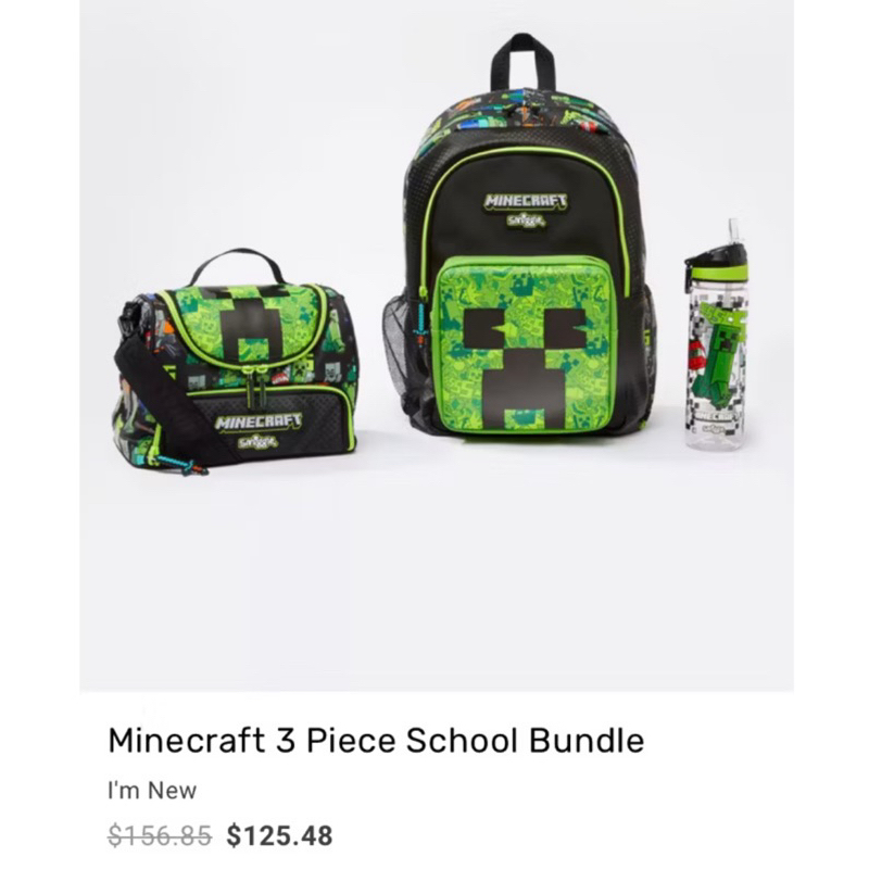 Smiggle Minecraft 4-piece bundle (Bag, Bottle, Lunch Bag, Wallet ...
