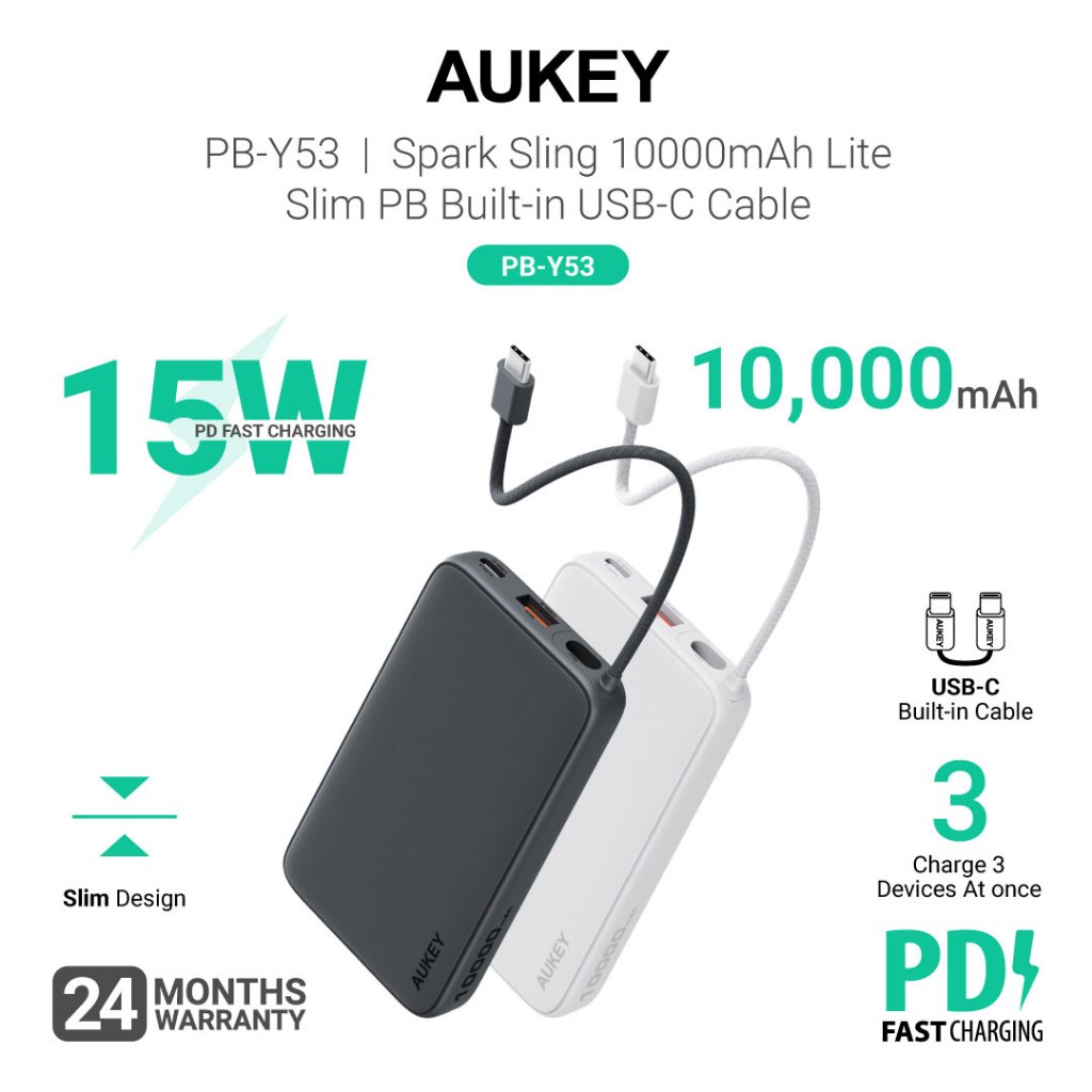Aukey PB-Y53 Spark Sling 10000mAh Lite Slim Powerbank with Built-in USB ...