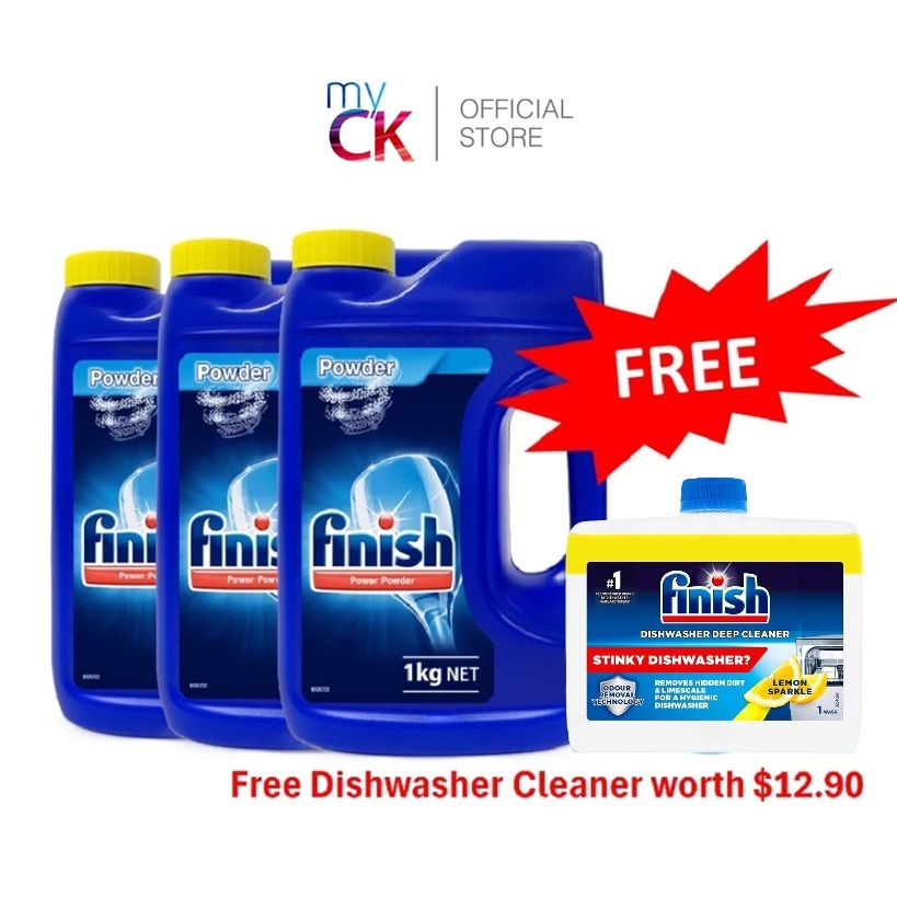 (Bundle of 3) Finish Dishwashing Powder 1kg FREE Dishwasher Cleaner ...